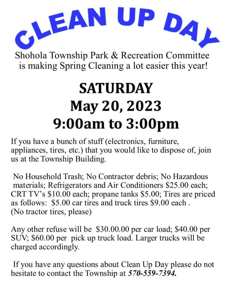 Clean Up Day – At the Township Building – Shohola Township